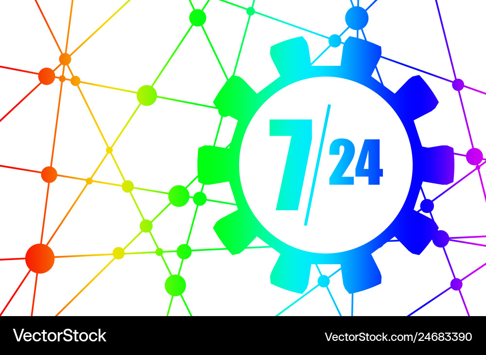 Clock in gear and symbols 7 24 Royalty Free Vector Image