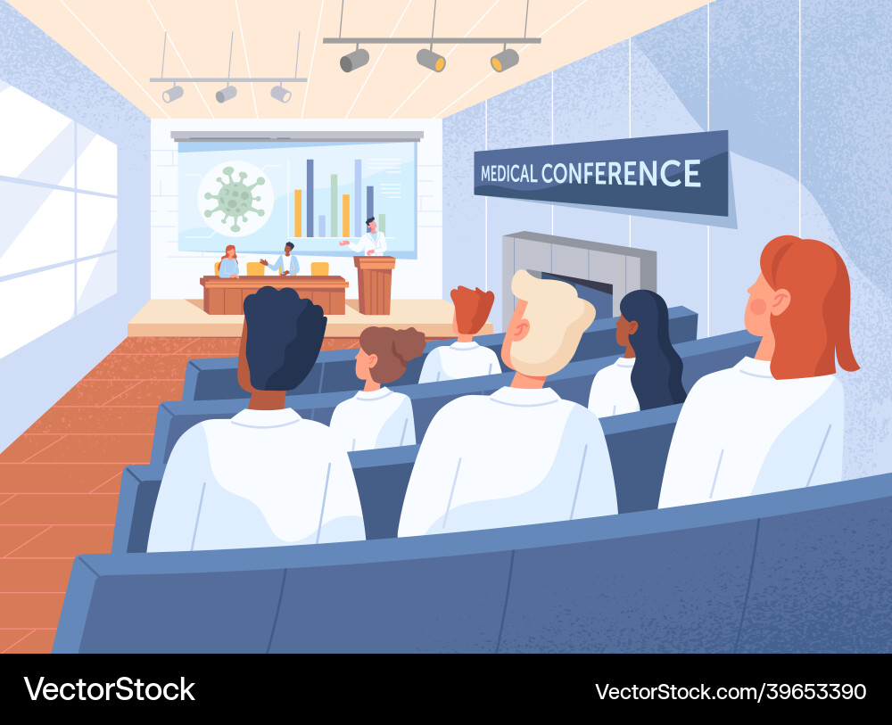 Medical conference from back desk Royalty Free Vector Image