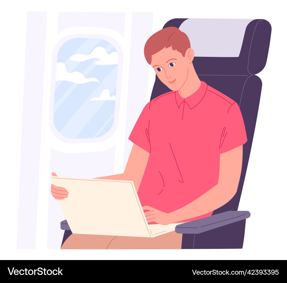 Man with laptop on aircraft during flight Vector Image