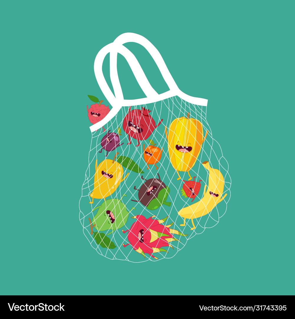 Mesh bag with funny fruits Royalty Free Vector Image