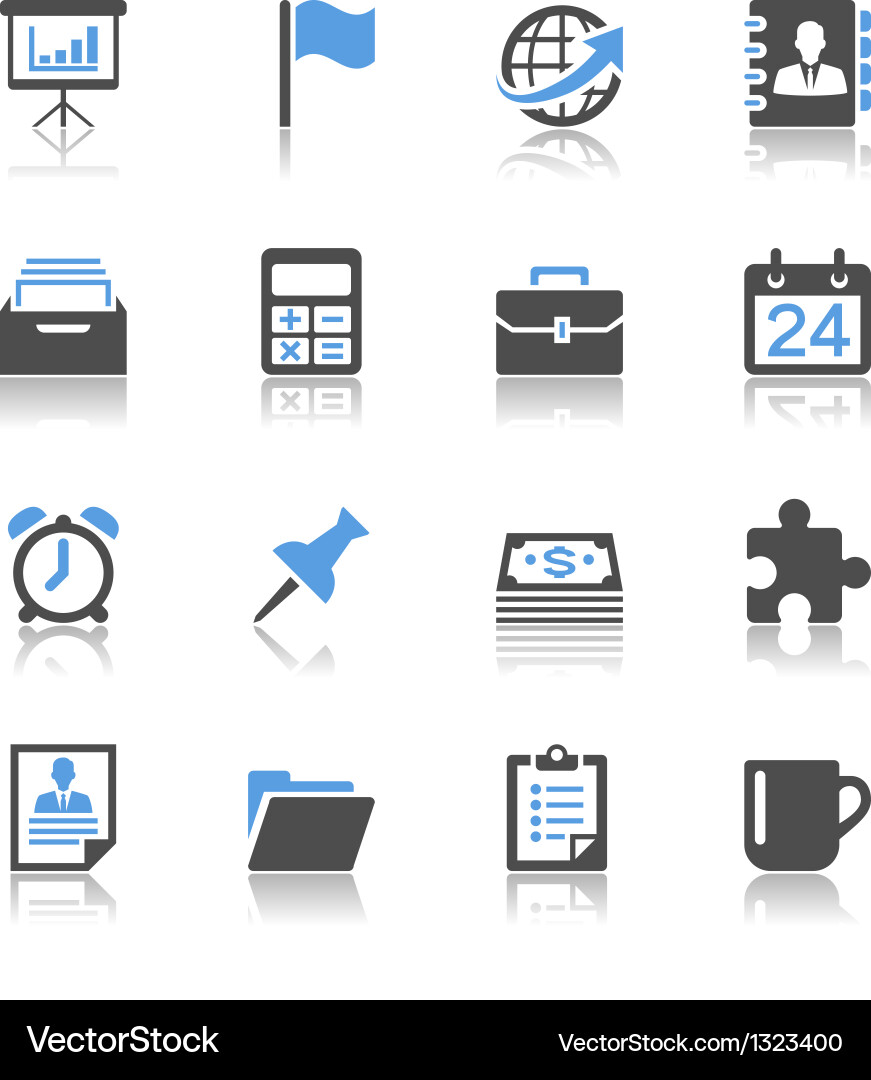 Business and office icons reflection Royalty Free Vector