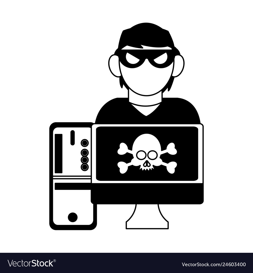 Hacker on computer in black and white Royalty Free Vector