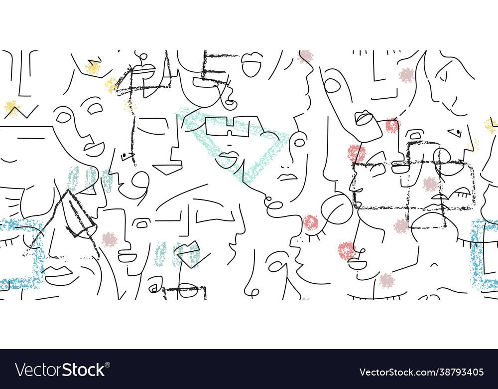 One Line Drawing Abstract Face Seamless Pattern Vector Image
