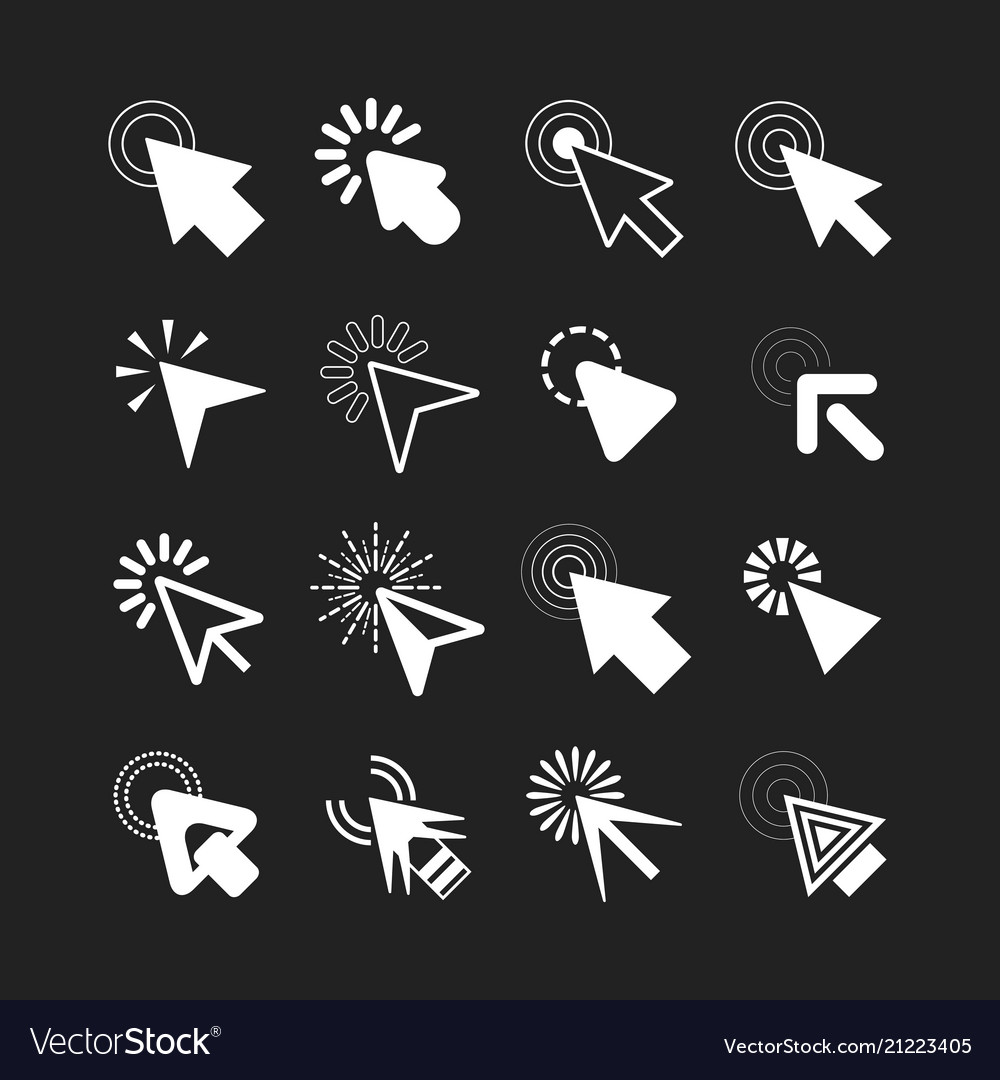 White cursor pointers click icons set on black Vector Image