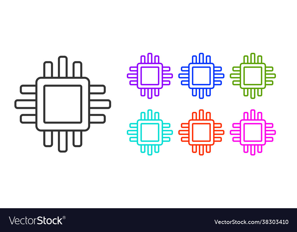 Black Line Computer Processor With Microcircuits Vector Image