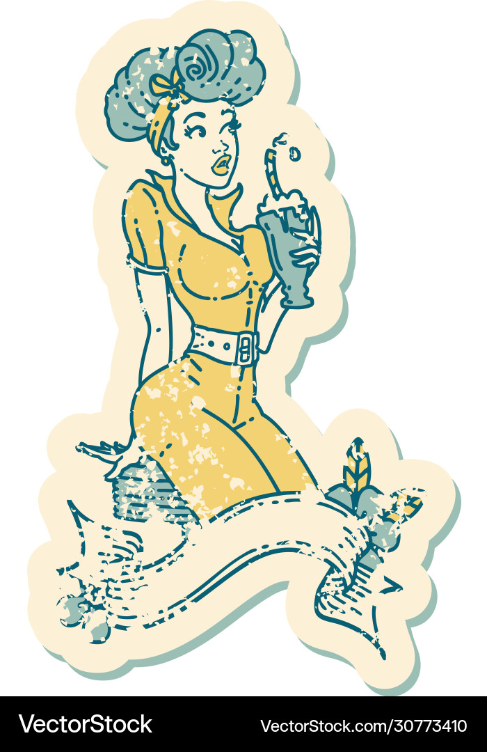 Distressed sticker tattoo style icon a pinup Vector Image