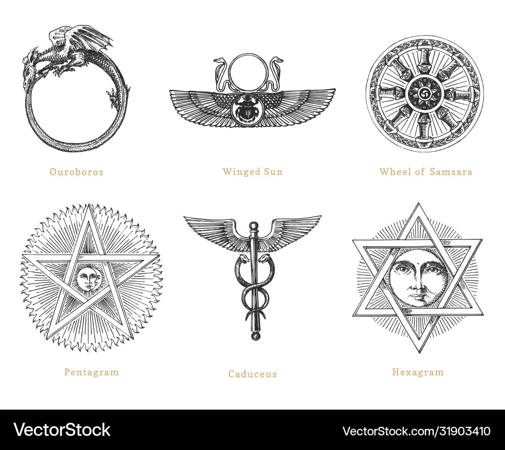 Drawn sketches mystical symbols set Royalty Free Vector