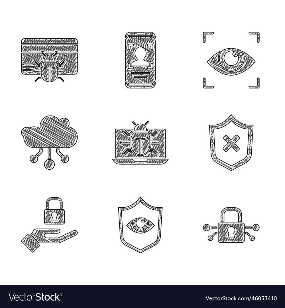 Set system bug on monitor shield and eye cyber Vector Image Set system bug on monitor shield and eye cyber Vector Image