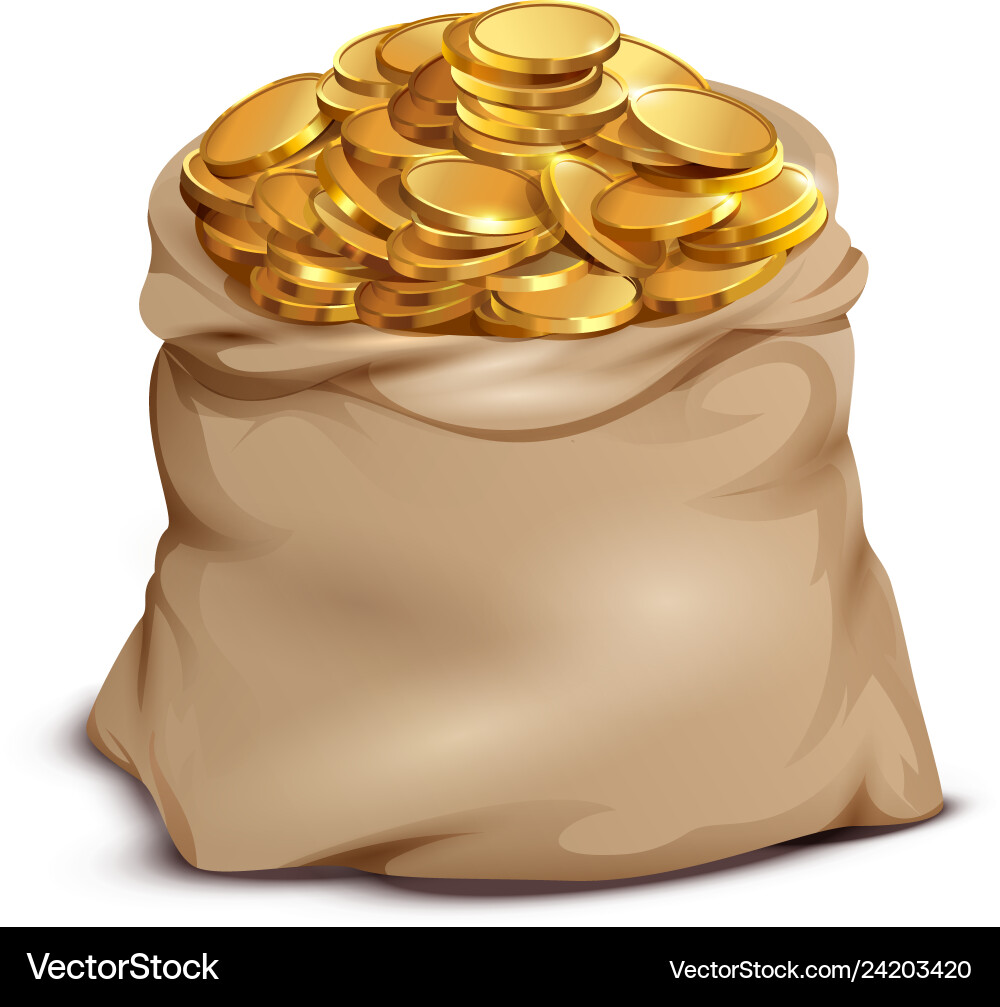 Gold coins on open full bag isolated white Vector Image