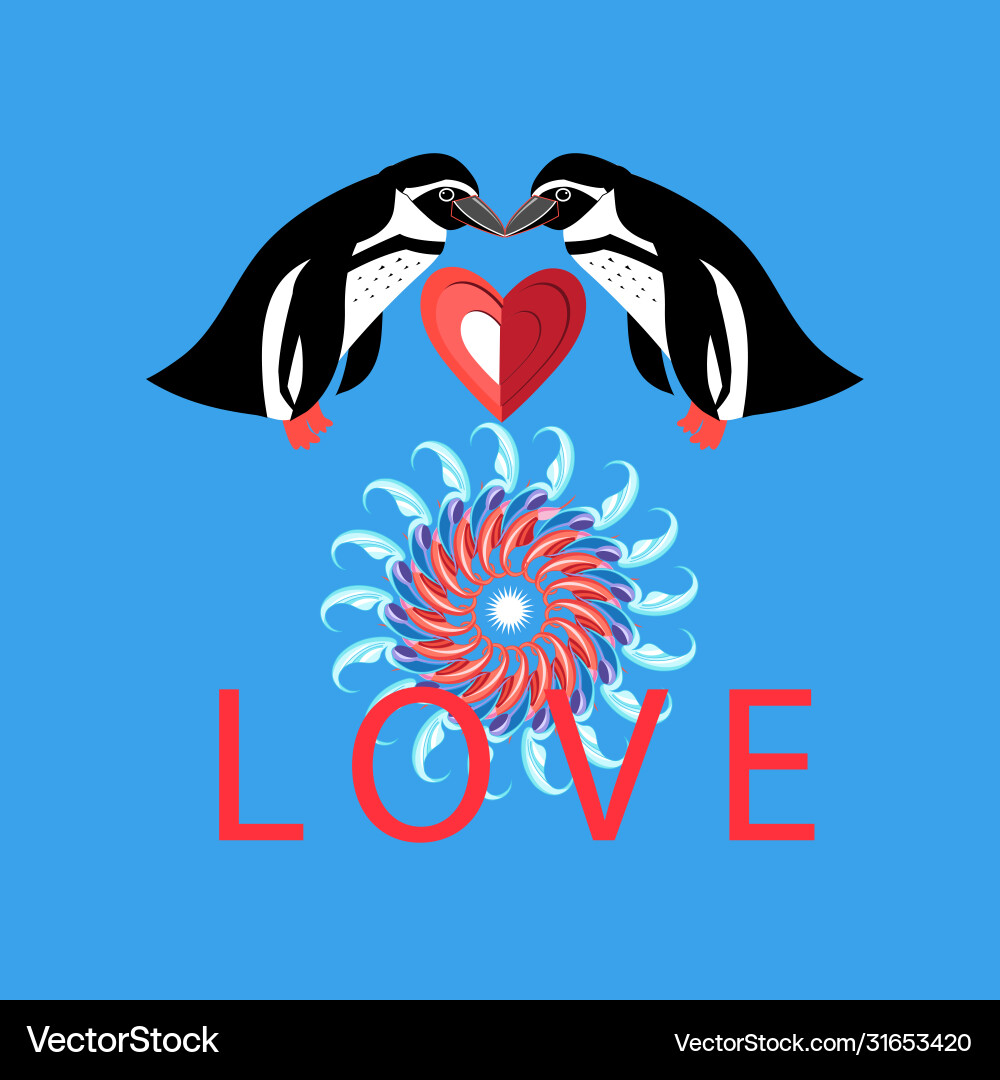 Loving penguins with heart on blue background Vector Image