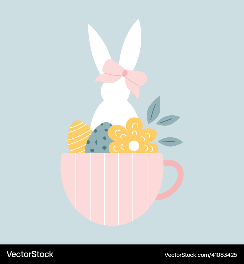 Easter bunny in cup with flowers and eggs Vector Image