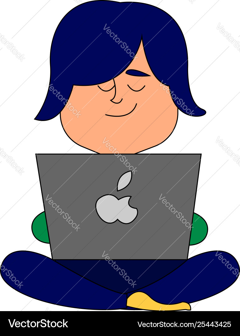Image blue hair - boy working on a apple Vector Image