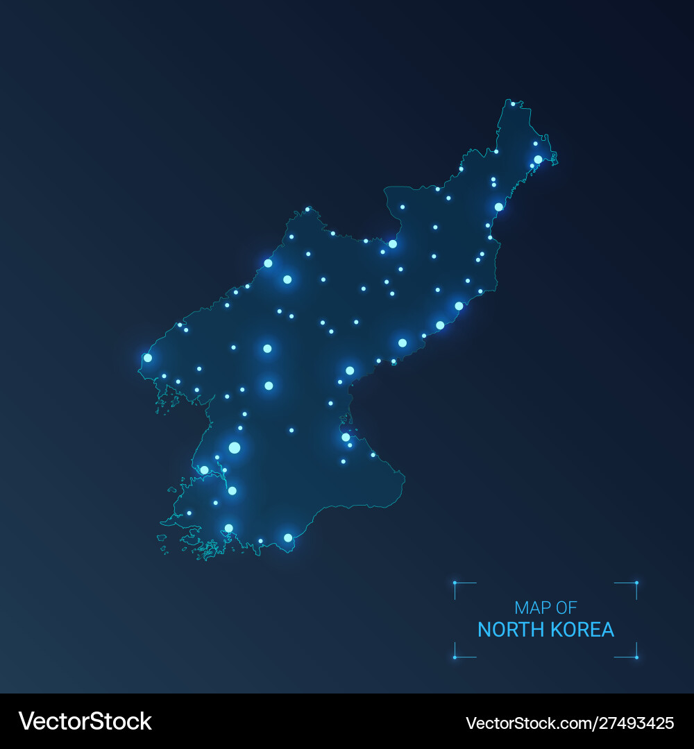 North korea map with cities luminous dots - neon Vector Image