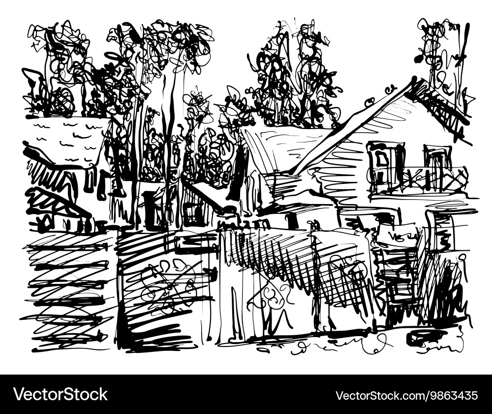 Black and white digital graphic village Royalty Free Vector