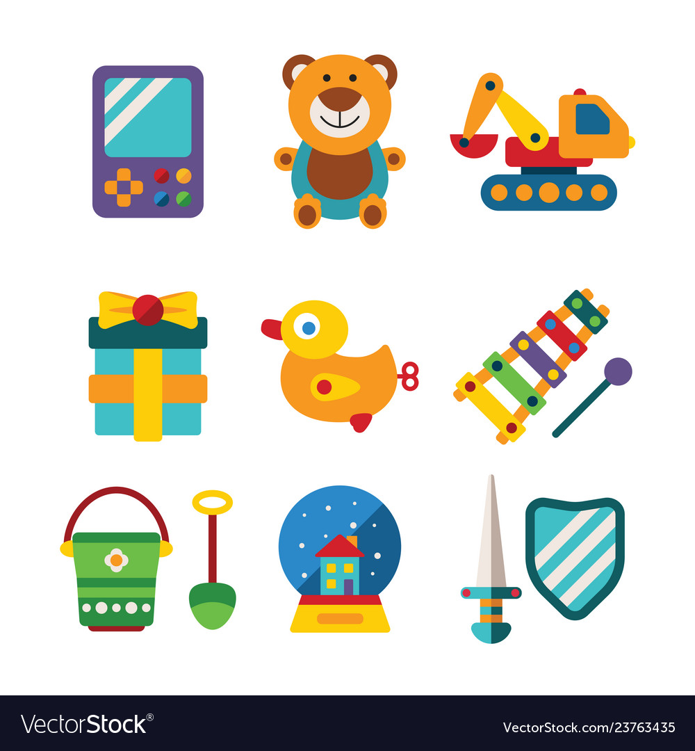 Set of colorful kids toys in flat style Royalty Free Vector