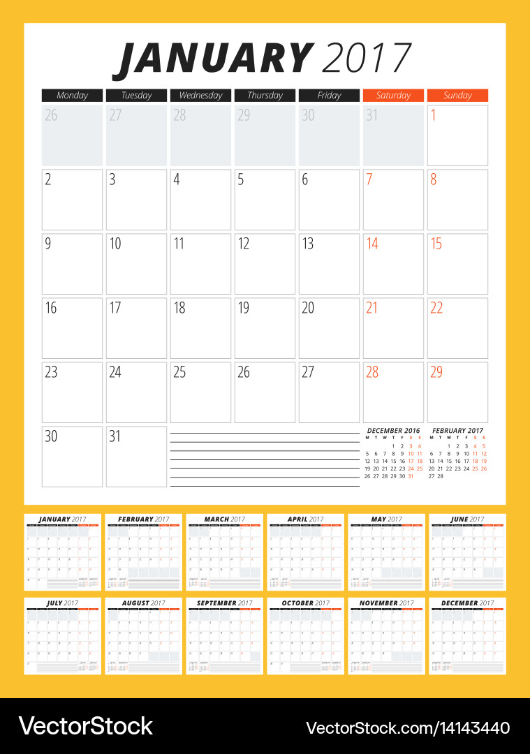 Calendar template for 2017 year week starts Vector Image