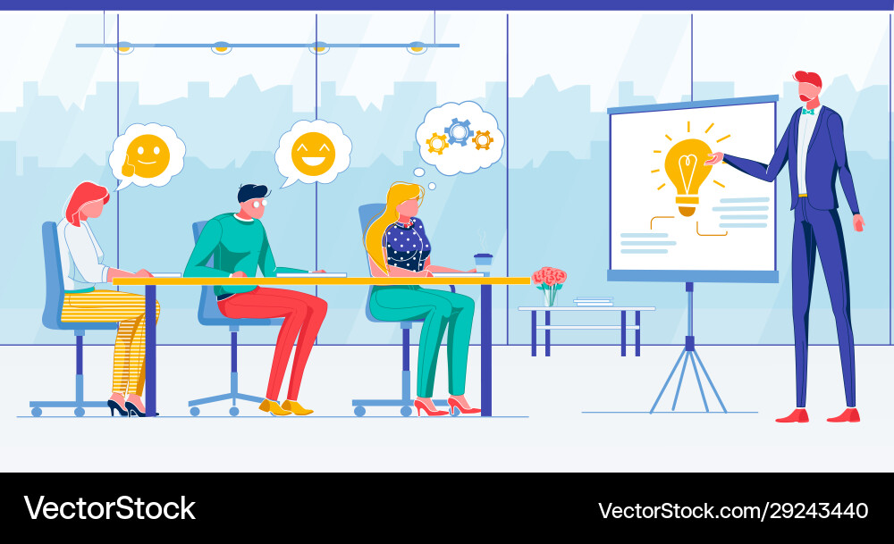 Friendly team brainstorming in office with boss Vector Image