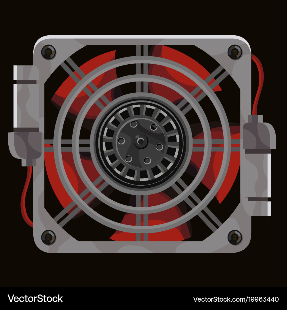 Red cooling system fan behind gray metal grille Vector Image