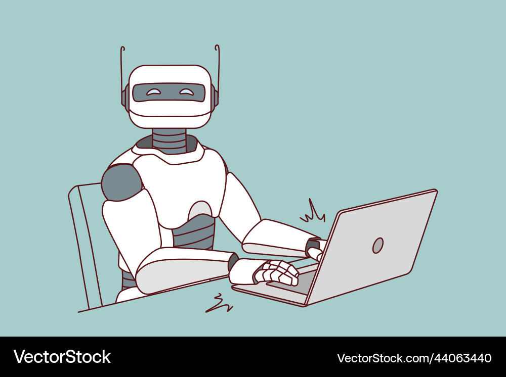 Robot working on laptop at desk Royalty Free Vector Image