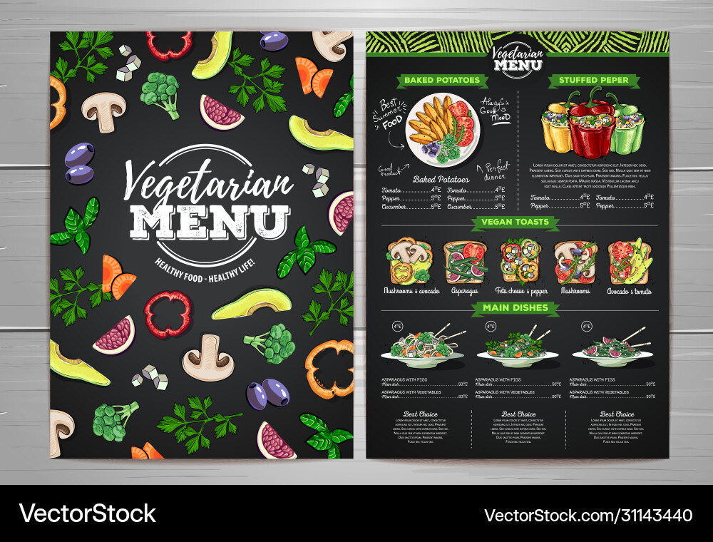 Vegetarian menu design with vegan meals Royalty Free Vector