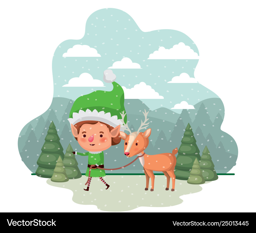 Elf with reindeer and christmas trees falling Vector Image