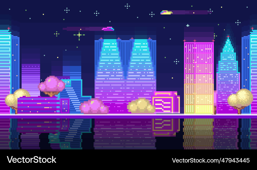 Night city landscape neon pixel background Vector Image
