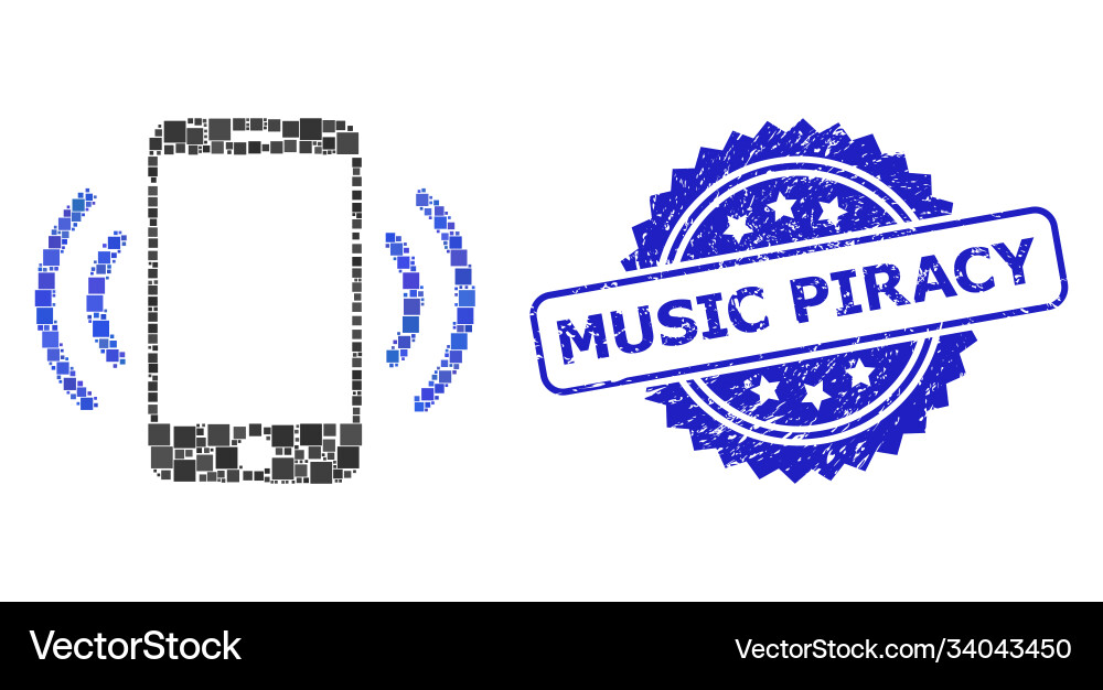 Scratched music piracy stamp and square dot Vector Image
