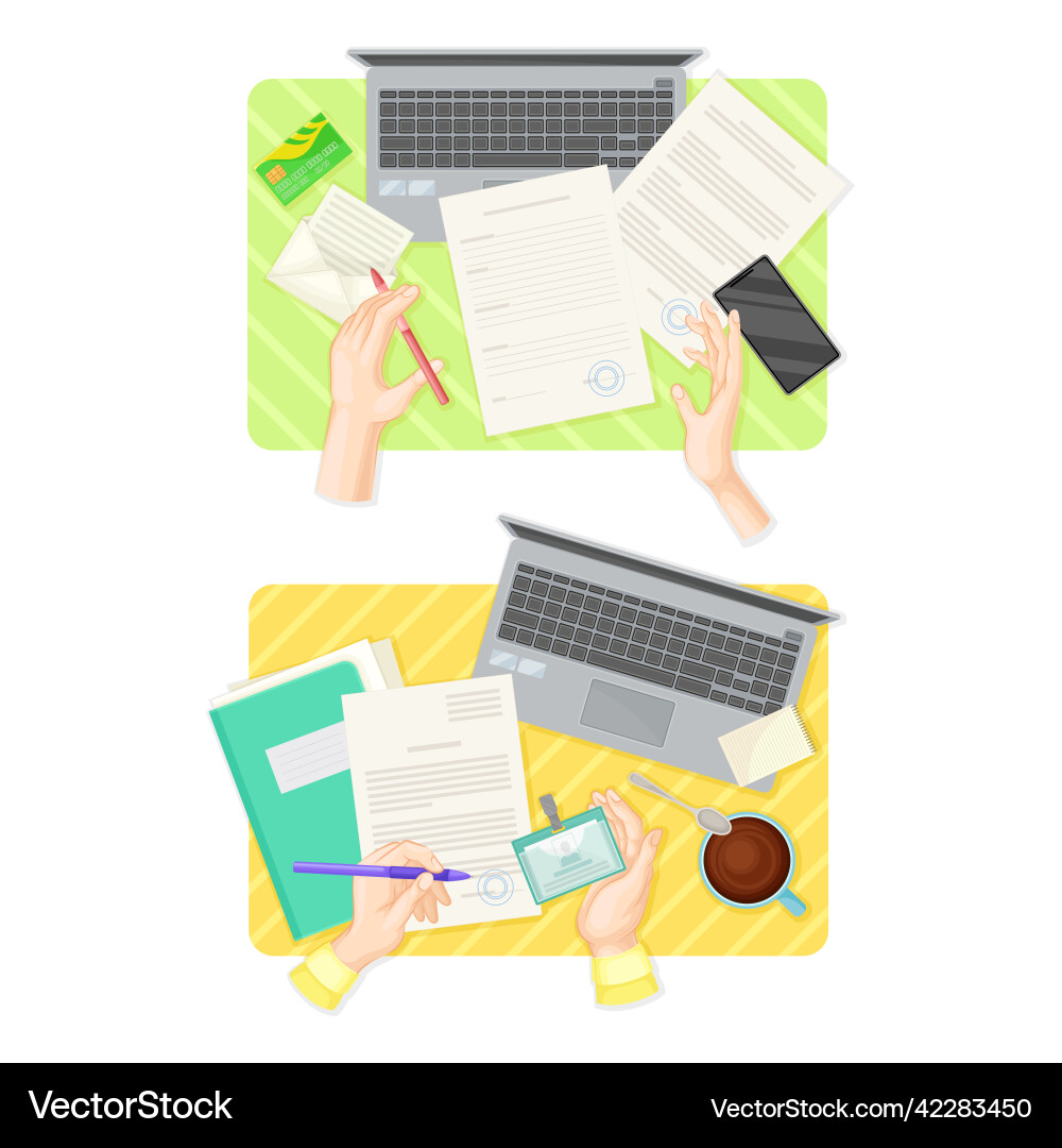 Top view of hands writing on paper documents Vector Image