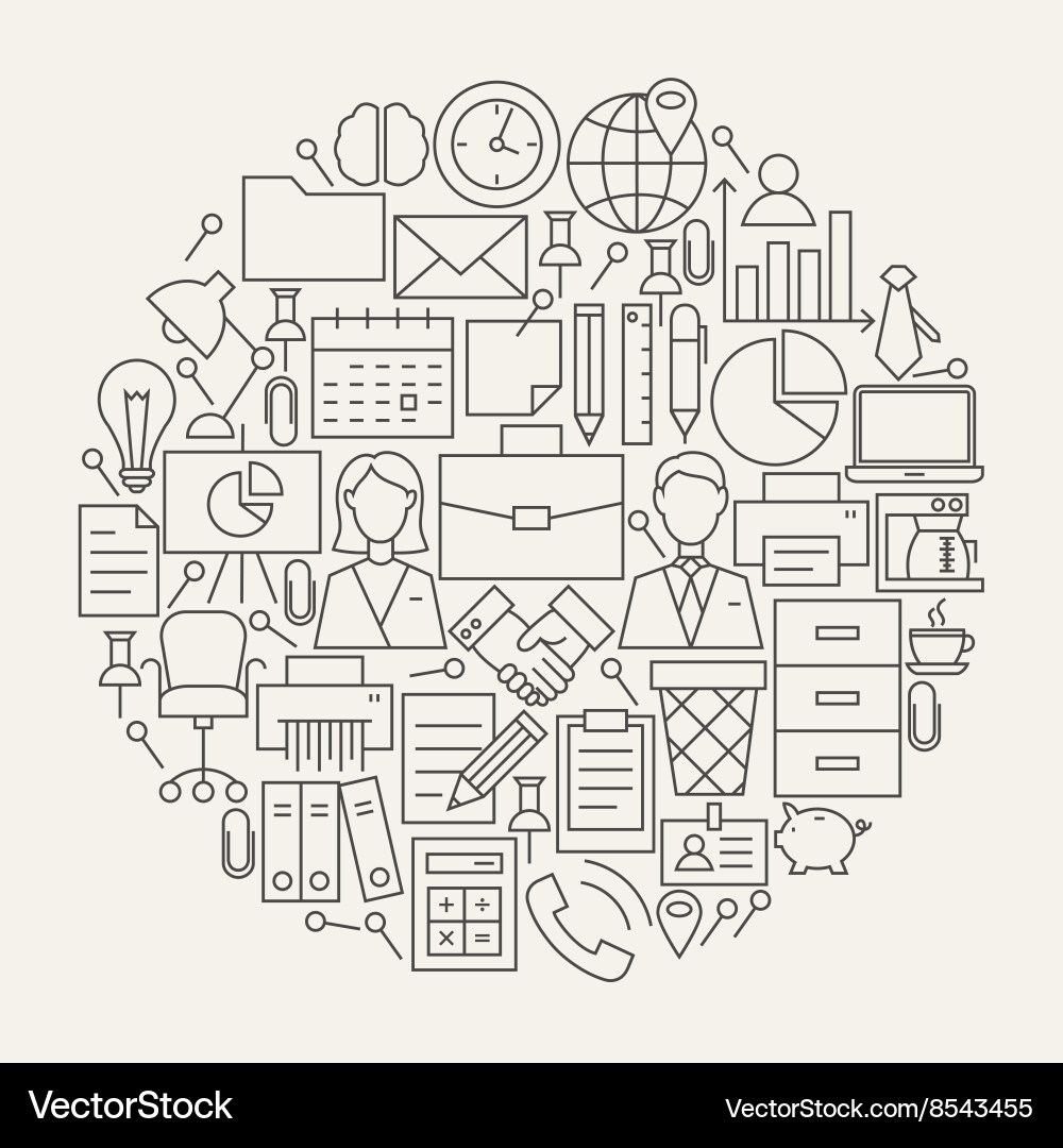 Business office line icons set circle shape Vector Image