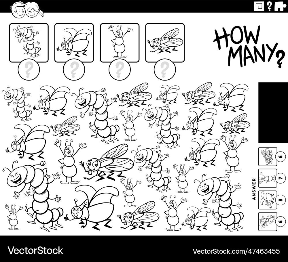 How many cartoon insects counting game coloring Vector Image