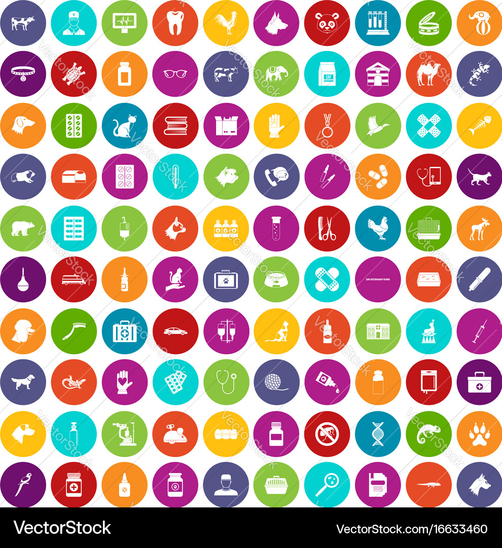 100 veterinary icons set color Royalty Free Vector Image