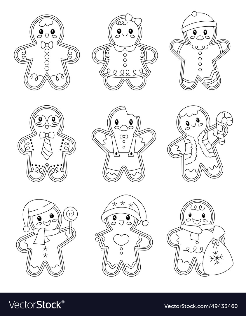Cute cartoon christmas gingerbread men coloring Vector Image