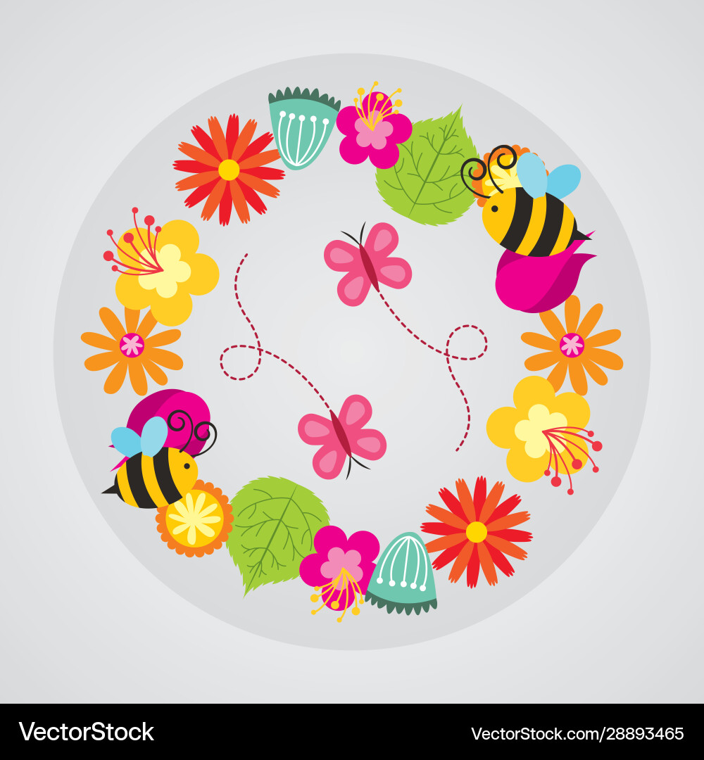 Hello spring poster with wreath floral and bees Vector Image