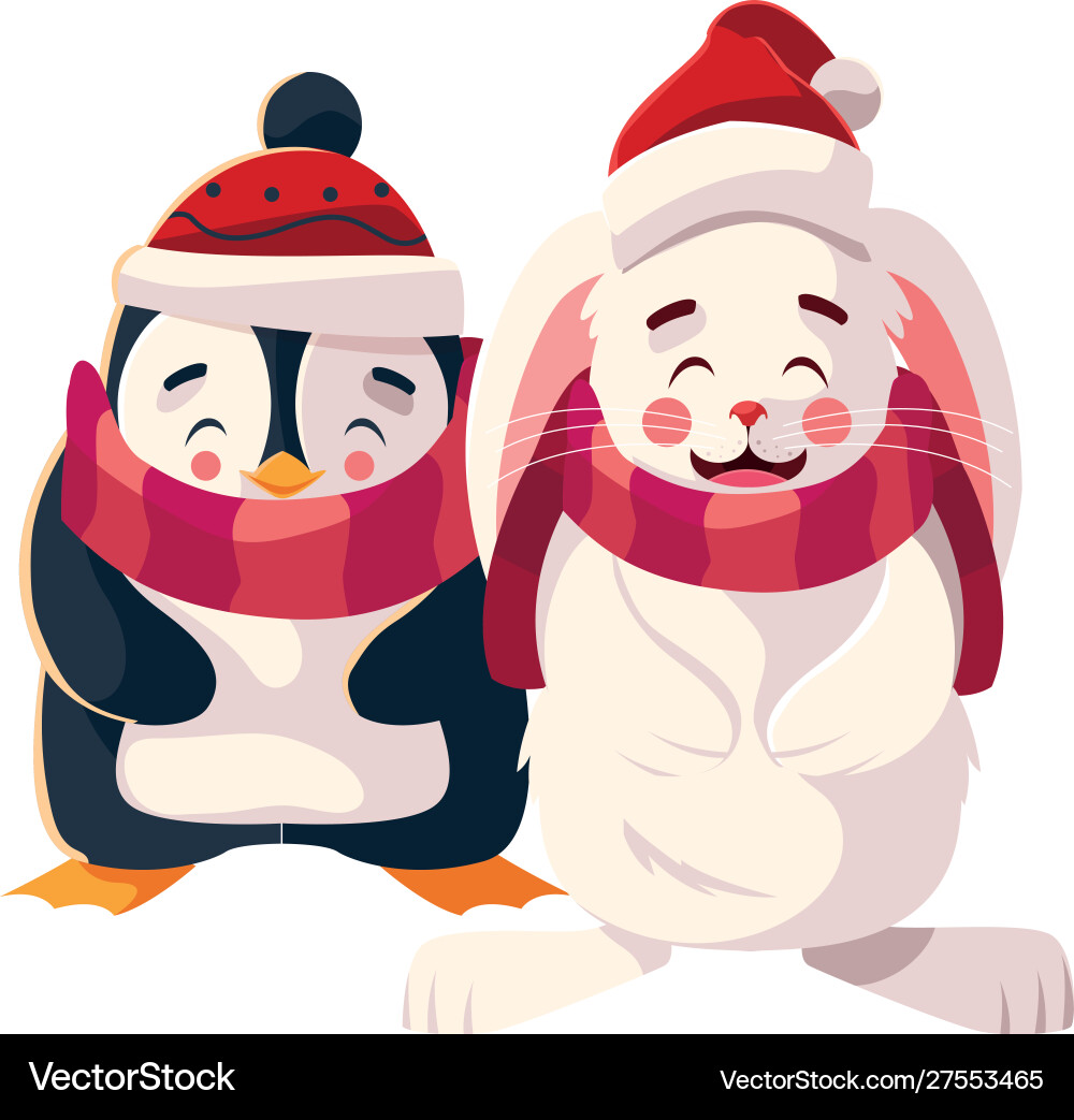 Penguin and rabbit with hat scarf in white Vector Image
