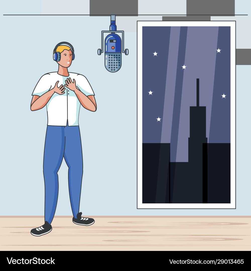 Young man with earphones and microphone Royalty Free Vector
