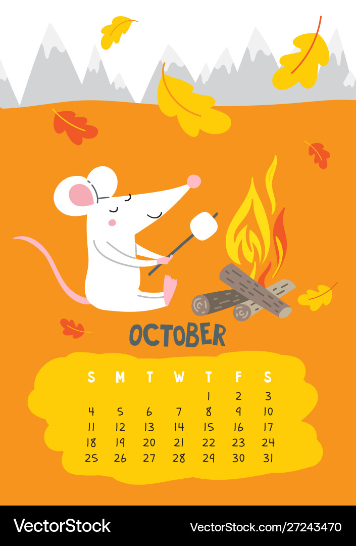 October calendar page with cute rat Royalty Free Vector