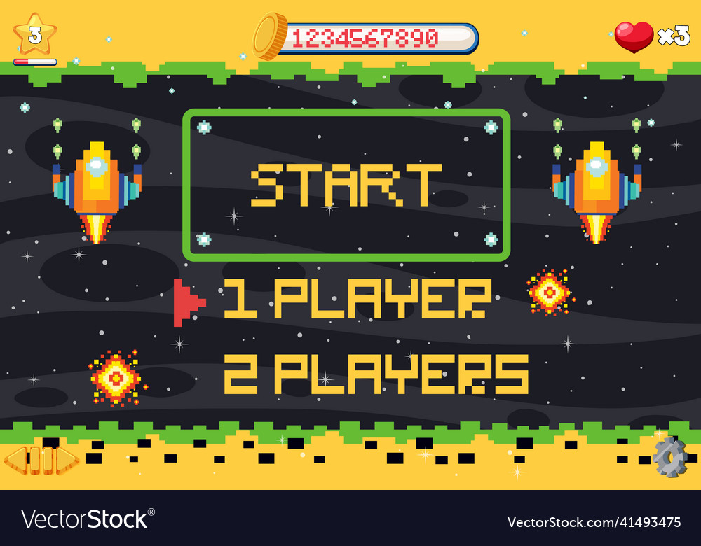 Pixel space game interface with start button Vector Image