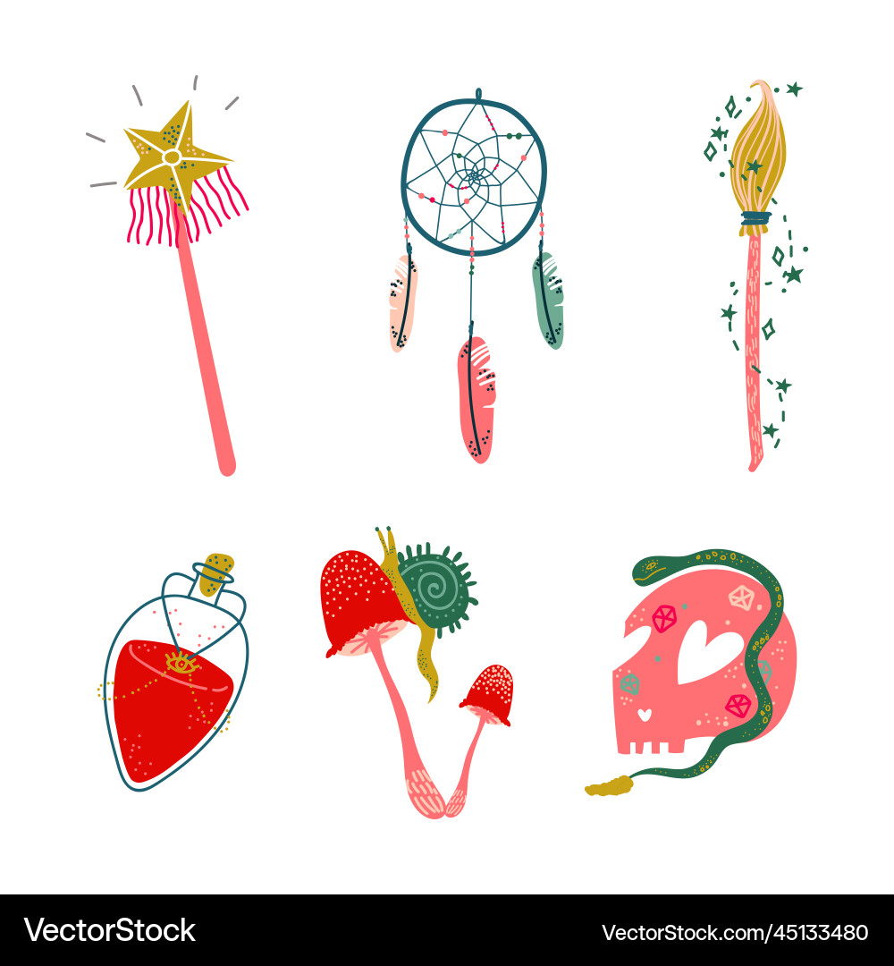 Magic wand dreamcatcher broom flask skull Vector Image