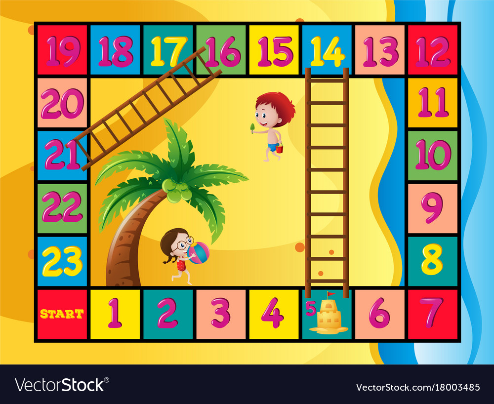 Boardgame template with kids on the beach Vector Image