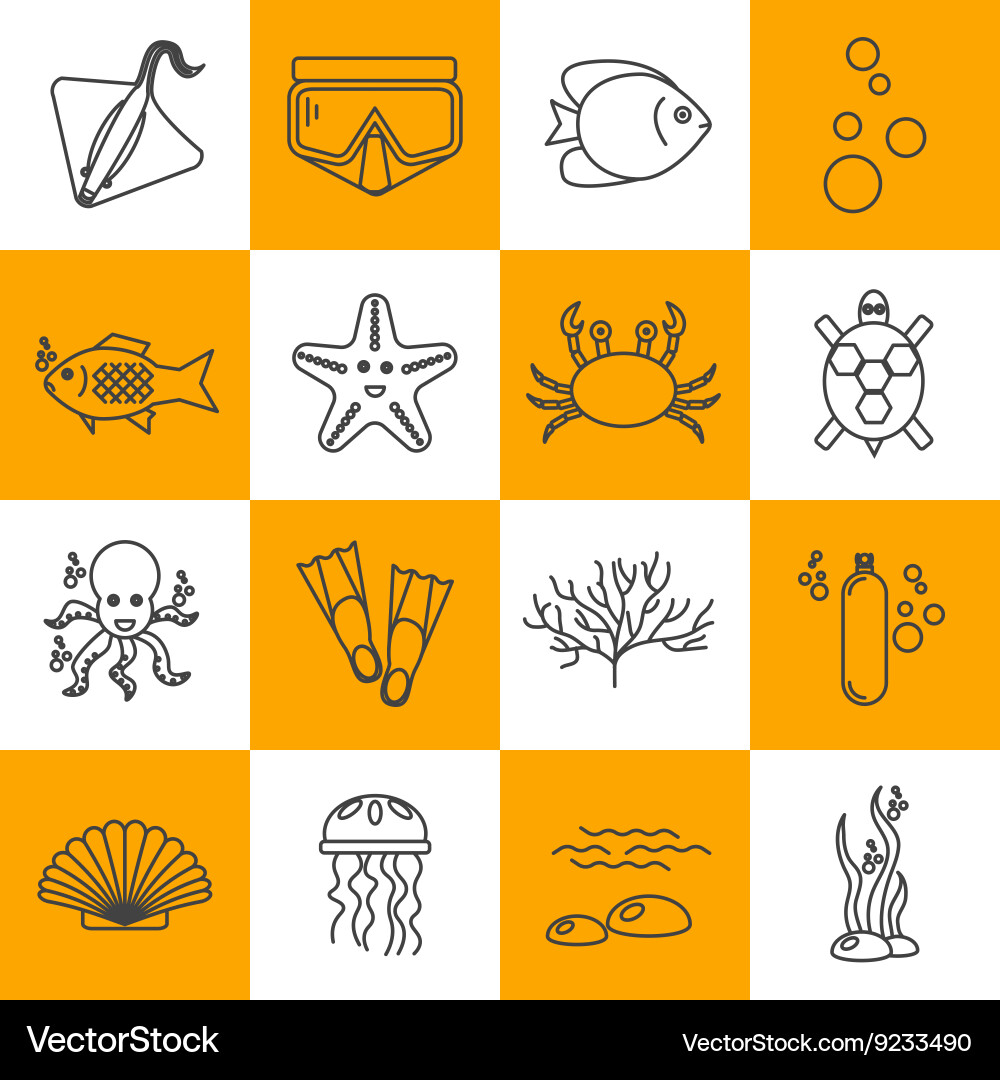 Diving icons set with fish and equipment Vector Image