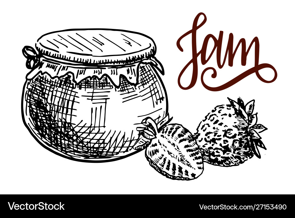 Jam in a clay pot strawberries hand drawn Vector Image