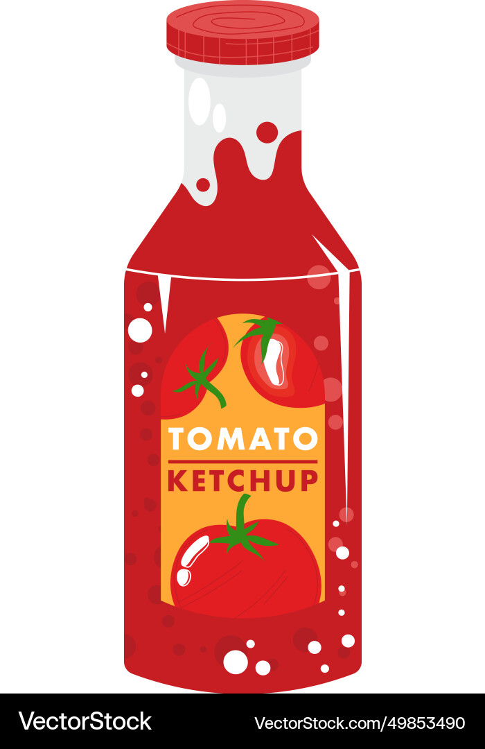 Red tomato ketchup bottle with label and splashes Vector Image