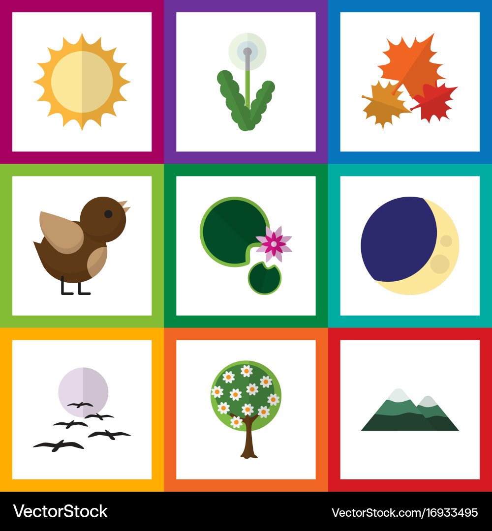 Flat icon ecology set of tree peak bird Royalty Free Vector