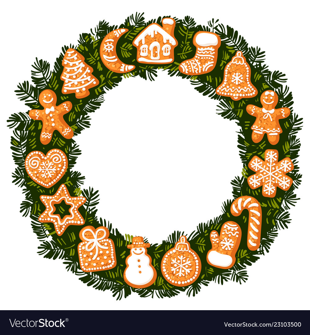 Christmas wreath with gingerbread cookies round Vector Image