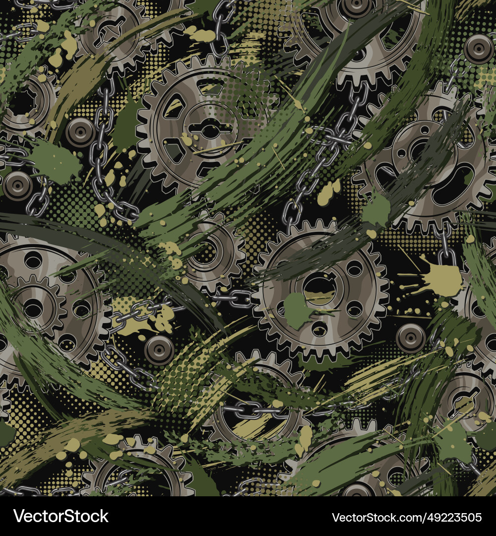 Camo khaki green pattern with gears paint splatter