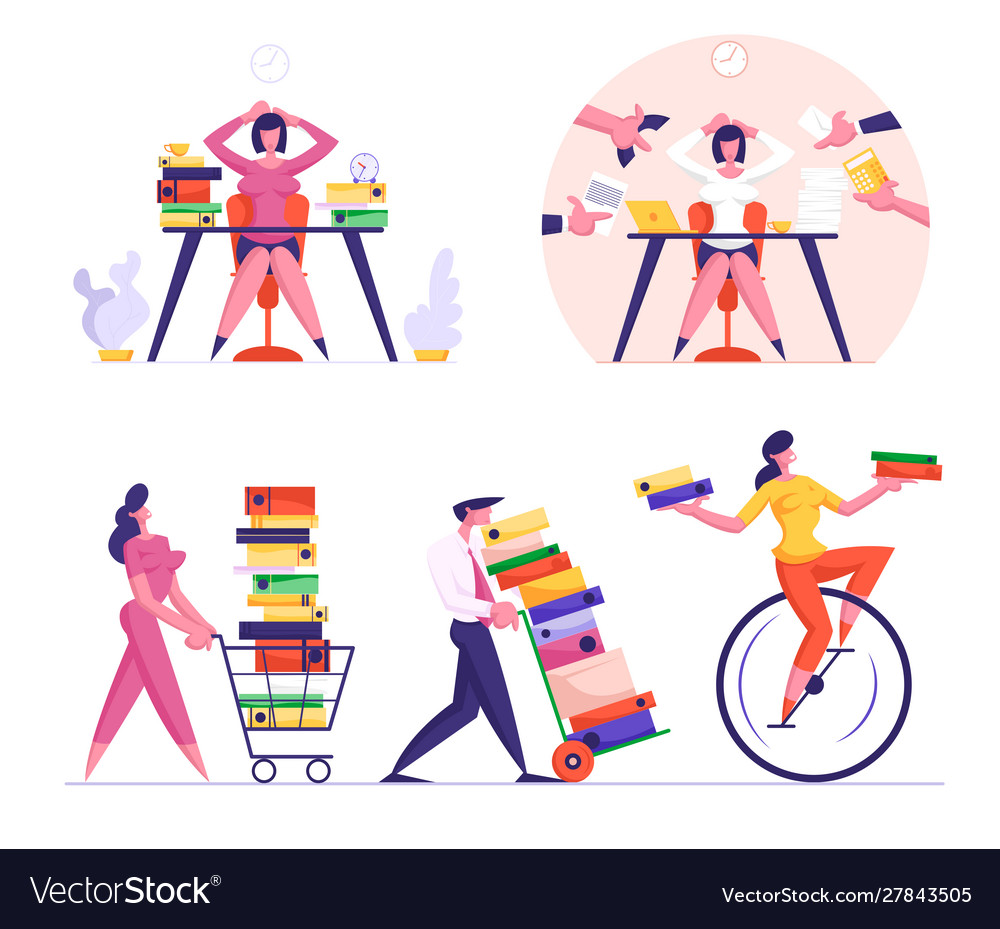 Set busy employees loaded with hard work in office