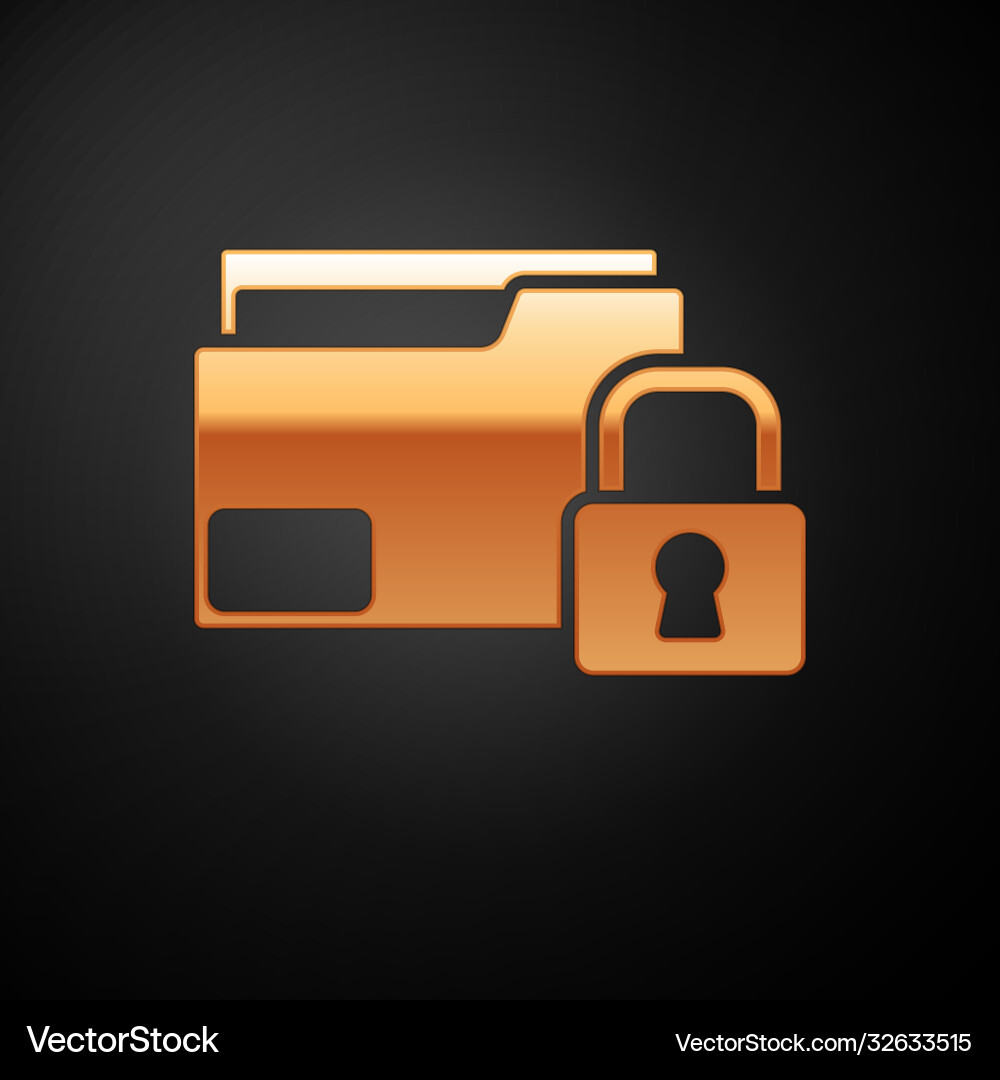 Gold folder and lock icon isolated on black Vector Image
