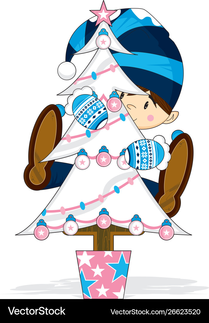 Cartoon elf and christmas tree Royalty Free Vector Image