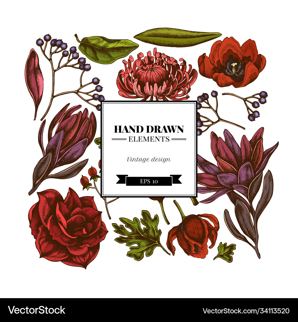 Square floral design with colored viburnum Vector Image