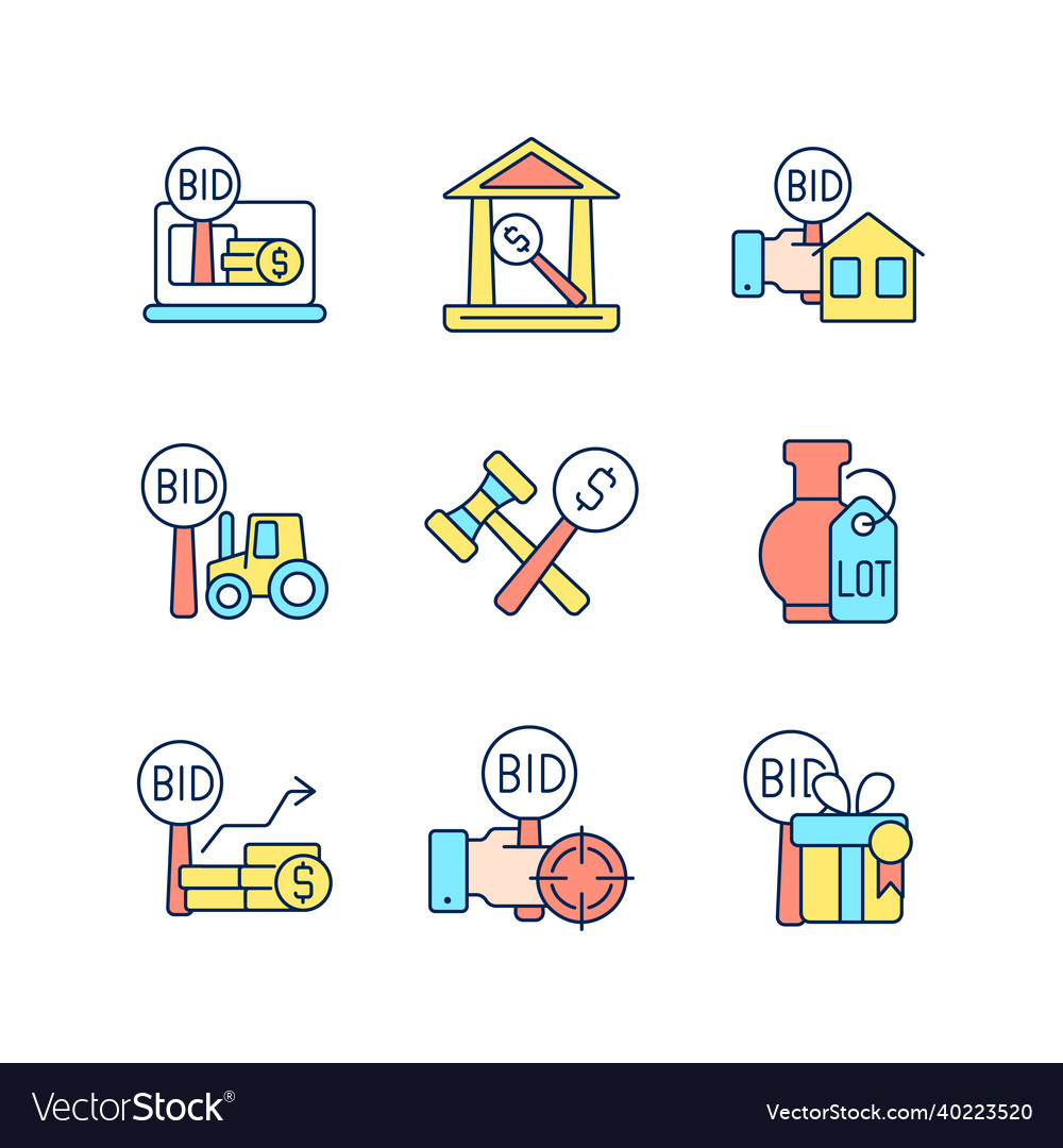 Types of bargaining rgb color icons set Royalty Free Vector Types of bargaining rgb color icons set Royalty Free Vector